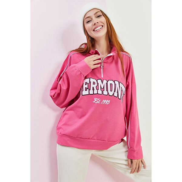 Dik Yaka Baskılı Uzun Kollu Oversize Kadın Sweatshirt