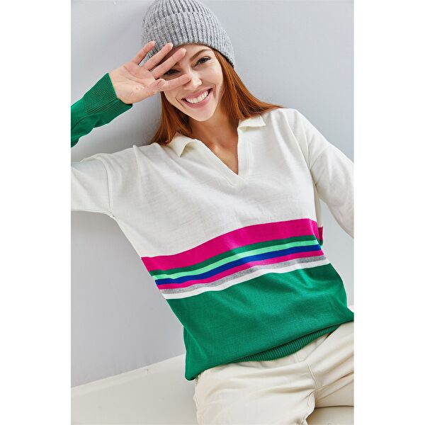 Polo Yaka Renk Bloklu Uzun Kollu Kadın Triko Kazak