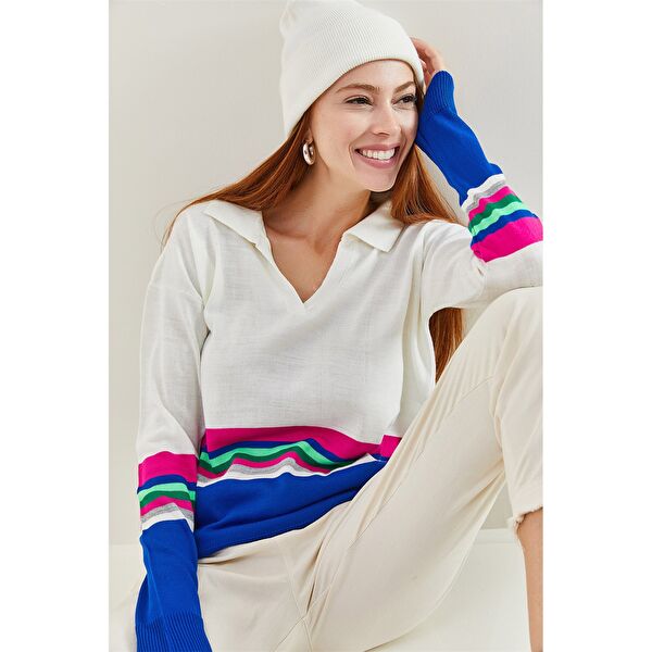 Polo Yaka Renk Bloklu Uzun Kollu Kadın Triko Kazak