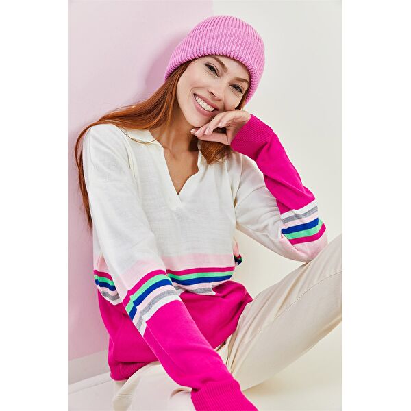 Polo Yaka Renk Bloklu Uzun Kollu Kadın Triko Kazak