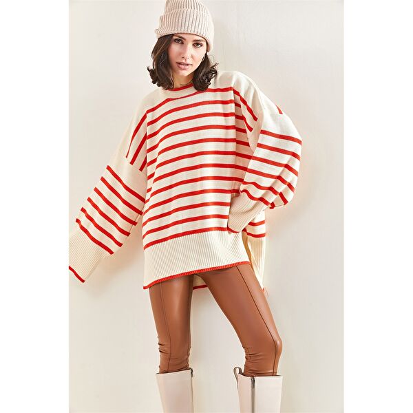 Bisiklet Yaka Çizgili Uzun Kollu Oversize Kadın Triko Kazak Bisiklet Yaka Çizgili Uzun Kollu Oversize Kadın Triko Kazak