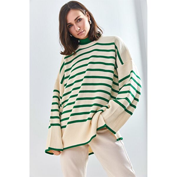 Bisiklet Yaka Çizgili Uzun Kollu Oversize Kadın Triko Kazak Bisiklet Yaka Çizgili Uzun Kollu Oversize Kadın Triko Kazak