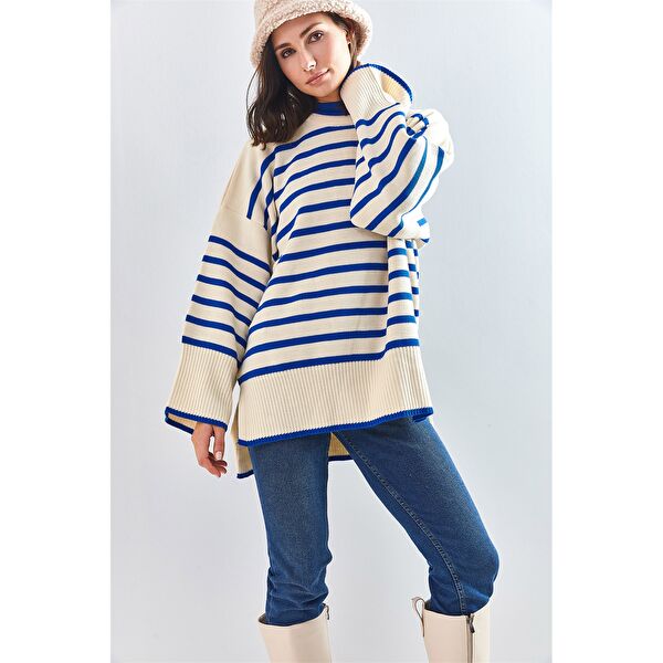 Bisiklet Yaka Çizgili Uzun Kollu Oversize Kadın Triko Kazak Bisiklet Yaka Çizgili Uzun Kollu Oversize Kadın Triko Kazak