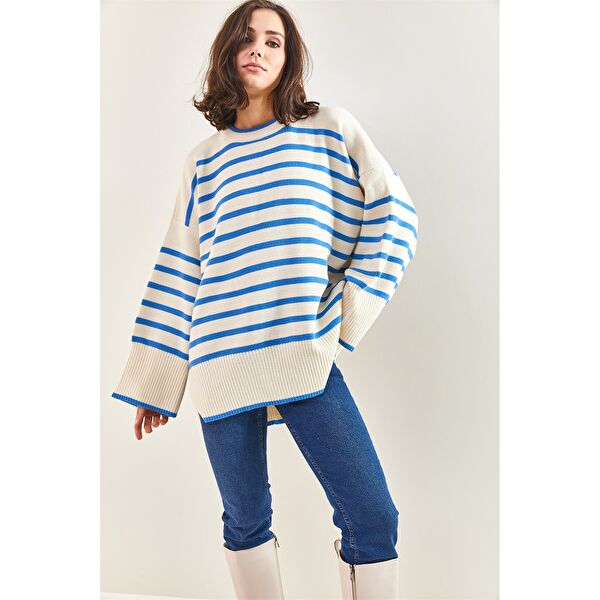 Bisiklet Yaka Çizgili Uzun Kollu Oversize Kadın Triko Kazak Bisiklet Yaka Çizgili Uzun Kollu Oversize Kadın Triko Kazak