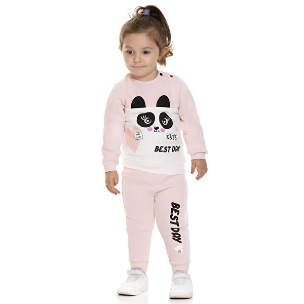 Bisiklet Yaka Uzun Kollu Baskılı Kız Bebek Sweatshirt ve Eşofman Alt 2'li Takım