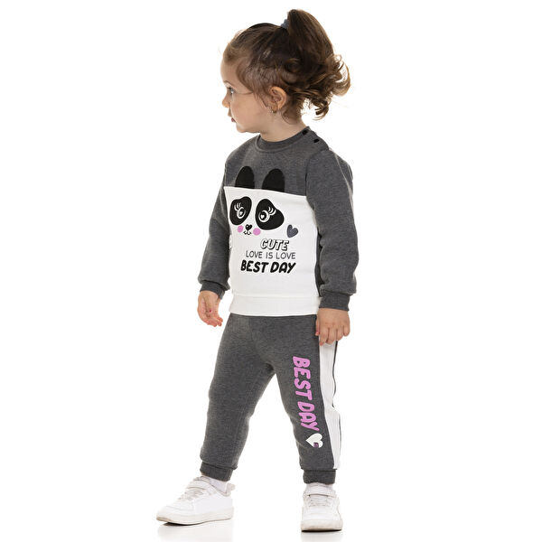 Bisiklet Yaka Uzun Kollu Baskılı Kız Bebek Sweatshirt ve Eşofman Alt 2'li Takım