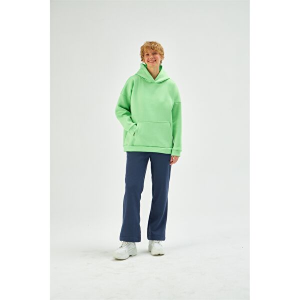 Kapüşonlu Düz Uzun Kollu Oversize Kadın Sweatshirt