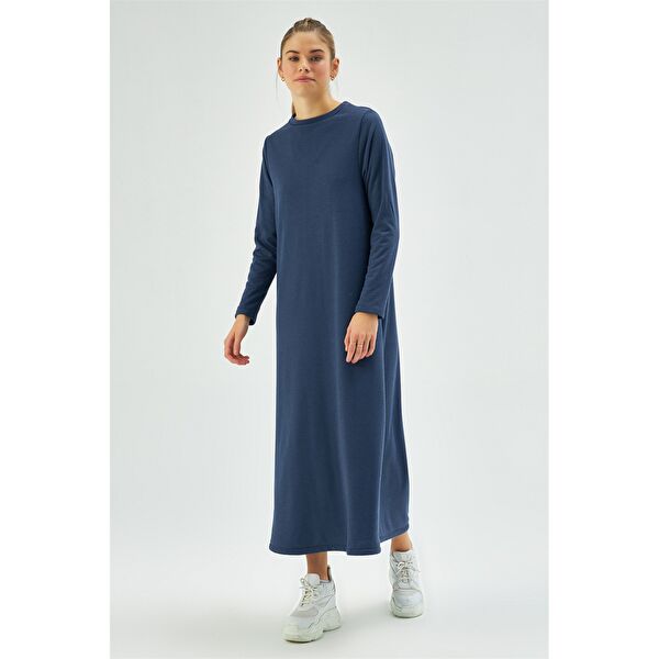 Bisiklet Yaka Düz Uzun Kollu Kadın Elbise