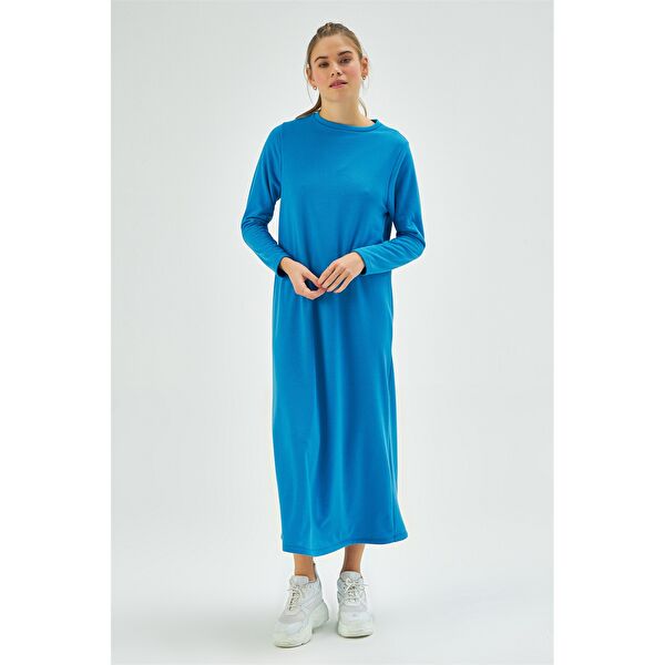 Bisiklet Yaka Düz Uzun Kollu Kadın Elbise