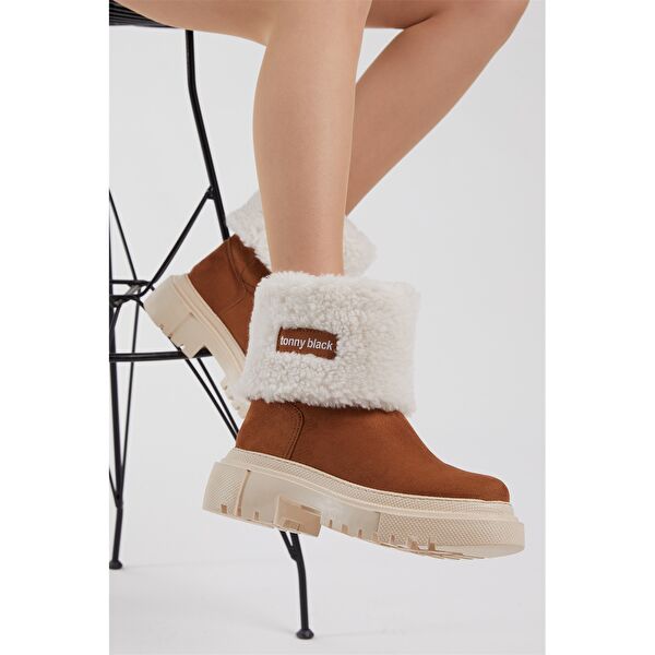 Süet Görünümlü Etiket Baskılı Kadın Bot