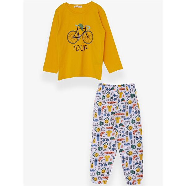 Bisiklet Yaka Baskılı Uzun Kollu Erkek Çocuk Pijama Takımı