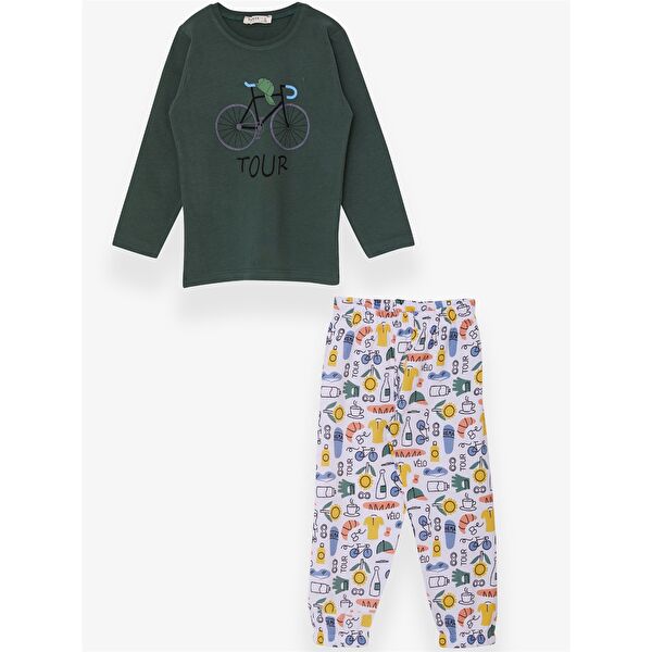 Bisiklet Yaka Baskılı Uzun Kollu Erkek Çocuk Pijama Takımı