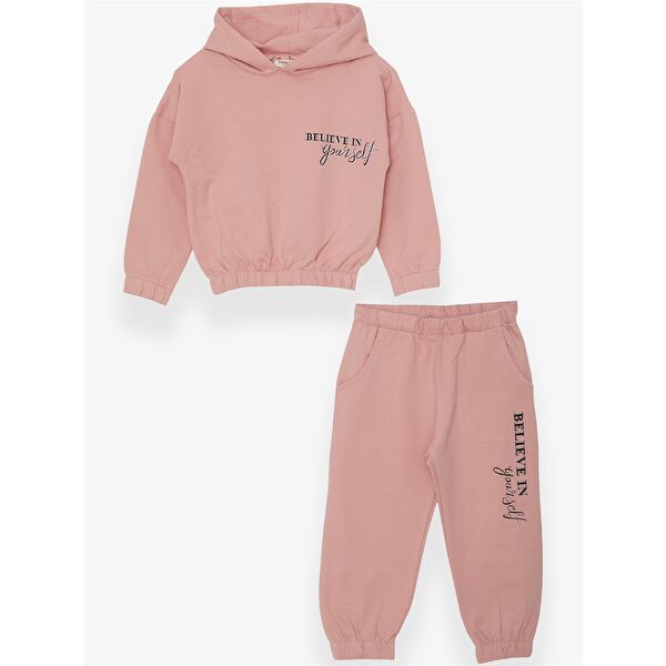 Kapüşonlu Uzun Kollu Baskılı Kız Bebek 2'li Takım