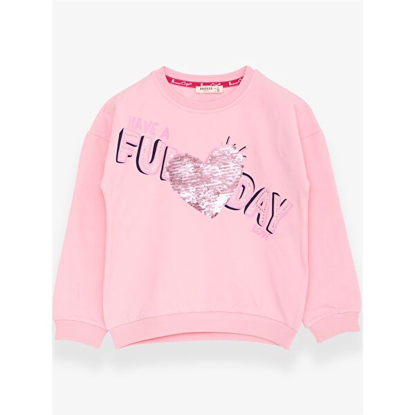 Bisiklet Yaka Baskılı Pul İşlemeli Uzun Kollu Kız Çocuk Sweatshirt Bisiklet Yaka Baskılı Pul İşlemeli Uzun Kollu Kız Çocuk Sweatshirt