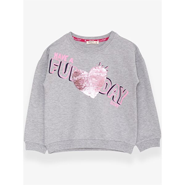 Bisiklet Yaka Baskılı Pul İşlemeli Uzun Kollu Kız Çocuk Sweatshirt Bisiklet Yaka Baskılı Pul İşlemeli Uzun Kollu Kız Çocuk Sweatshirt