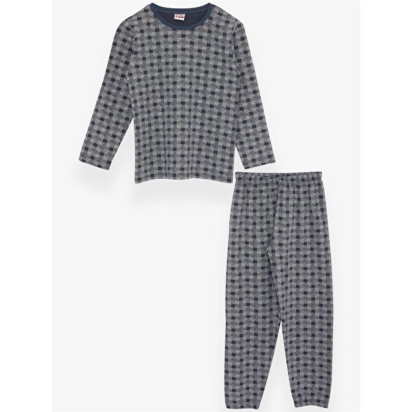 Bisiklet Yaka Baskılı Uzun Kollu Erkek Çocuk Pijama Takımı