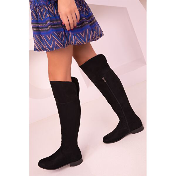 Deri Görünümlü Fermuarlı Kadın Çizme