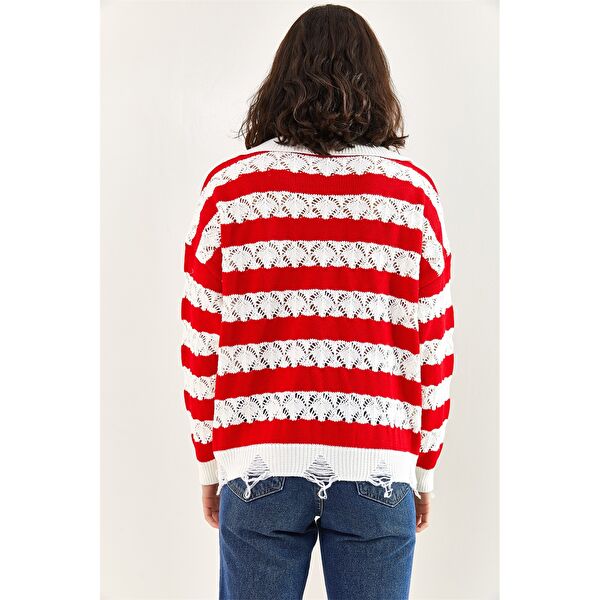 Bisiklet Yaka Çizgili Uzun Kollu Kadın Triko Kazak
