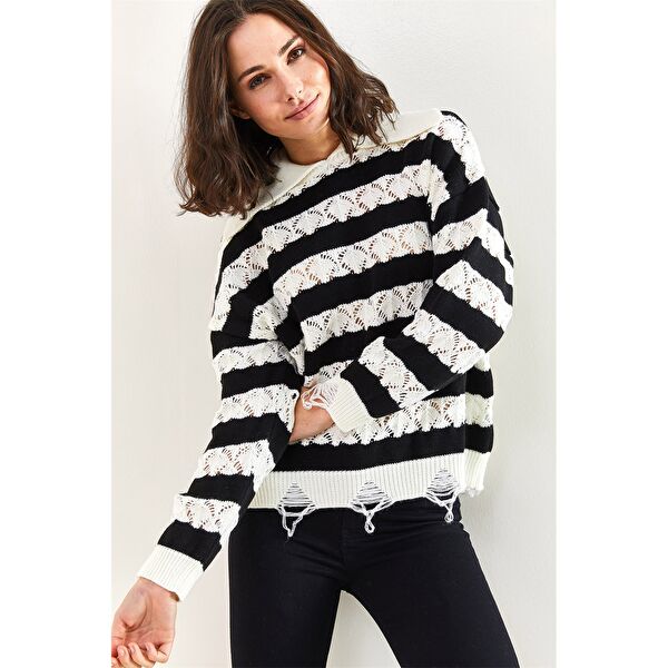 Bisiklet Yaka Çizgili Uzun Kollu Kadın Triko Kazak