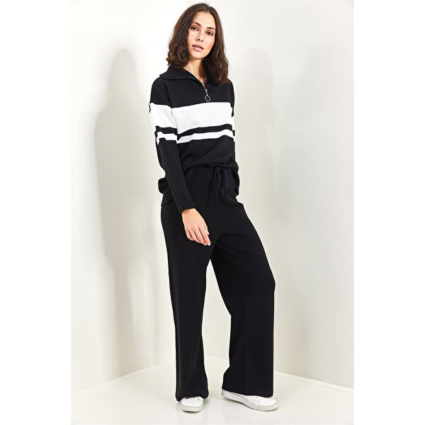 Polo Yaka Çizgili Uzun Kollu Kadın Triko Kazak