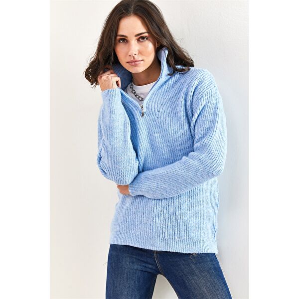 Polo Yaka Çizgili Uzun Kollu Kadın Triko Kazak