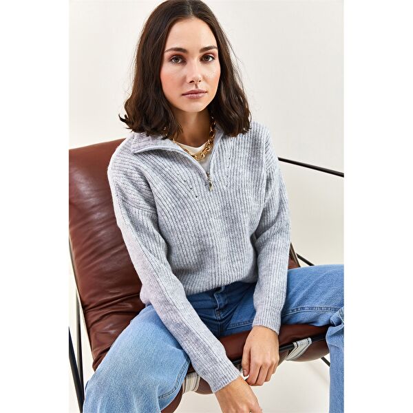 Polo Yaka Çizgili Uzun Kollu Kadın Triko Kazak