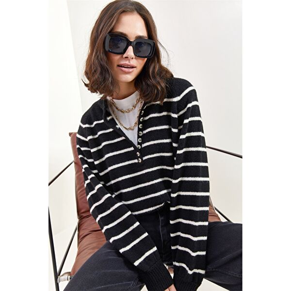 Bisiklet Yaka Çizgili Uzun Kollu Kadın Triko Kazak