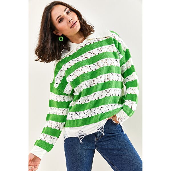 Bisiklet Yaka Desenli Uzun Kollu Kadın Triko Kazak