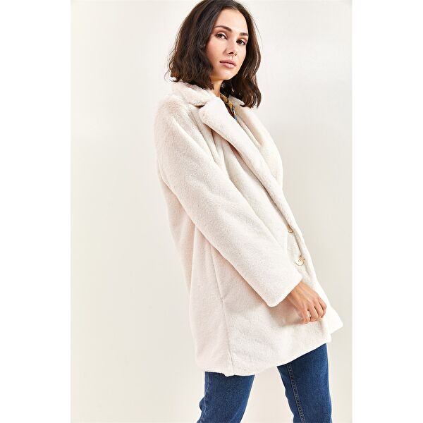 Ceket Yaka Düz Uzun Kollu Pelüş Oversize Kadın Kaban