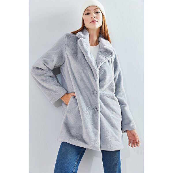 Ceket Yaka Düz Uzun Kollu Pelüş Oversize Kadın Kaban