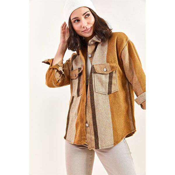 Ekose Uzun Kollu Kadın Gömlek Ceket