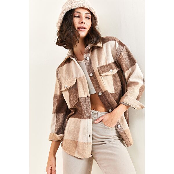 Ekose Uzun Kollu Kadın Gömlek Ceket