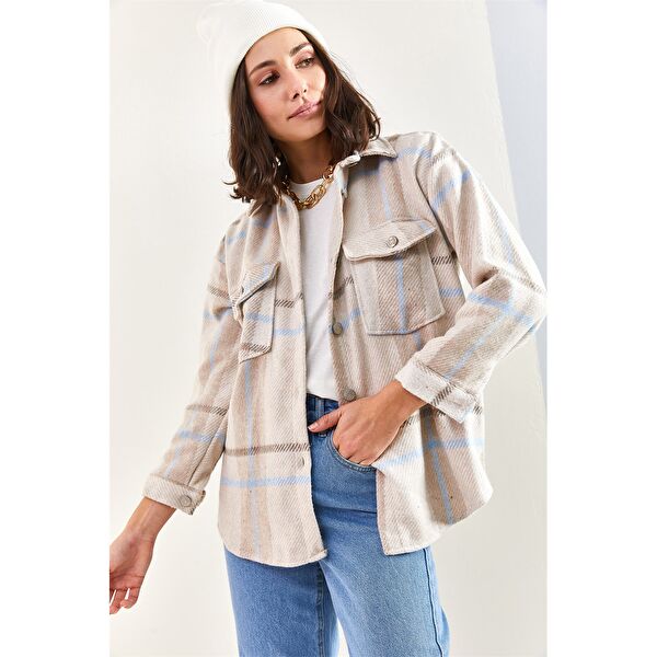 Ekose Uzun Kollu Kadın Gömlek Ceket