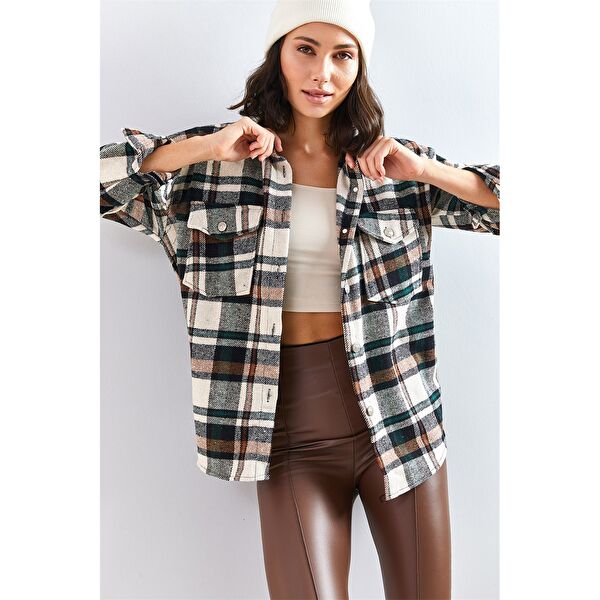 Ekose Uzun Kollu Kadın Gömlek Ceket