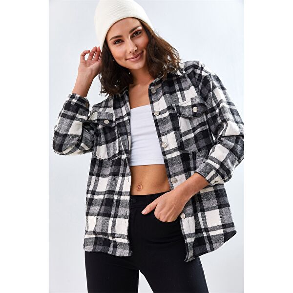 Ekose Uzun Kollu Kadın Gömlek Ceket