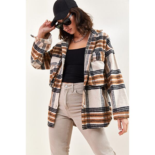 Ekose Uzun Kollu Kadın Gömlek Ceket