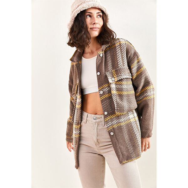 Ekose Uzun Kollu Kadın Gömlek Ceket