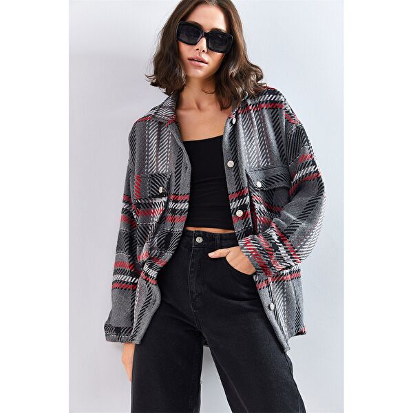 Ekose Uzun Kollu Kadın Gömlek Ceket