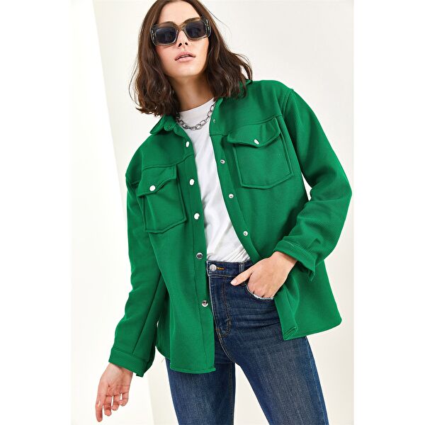 Kendinden Desenli Uzun Kollu Kadın Gömlek Ceket