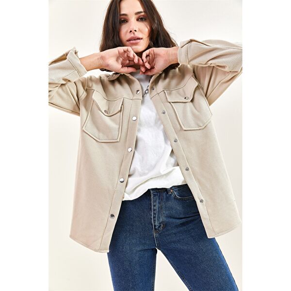 Kendinden Desenli Uzun Kollu Kadın Gömlek Ceket