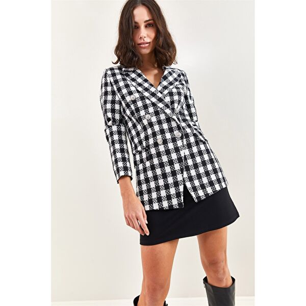 Önden Düğme Kapamalı Ekose Uzun Kollu Kadın Ceket