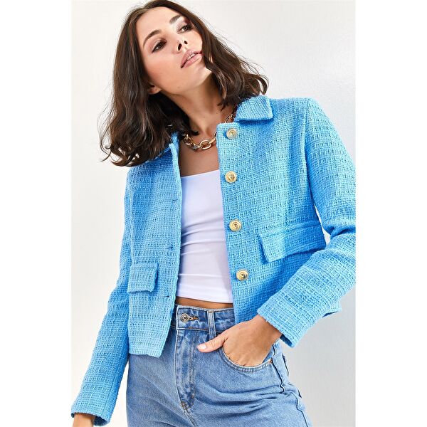 Gömlek Yaka Ekose Uzun Kollu Kadın Ceket