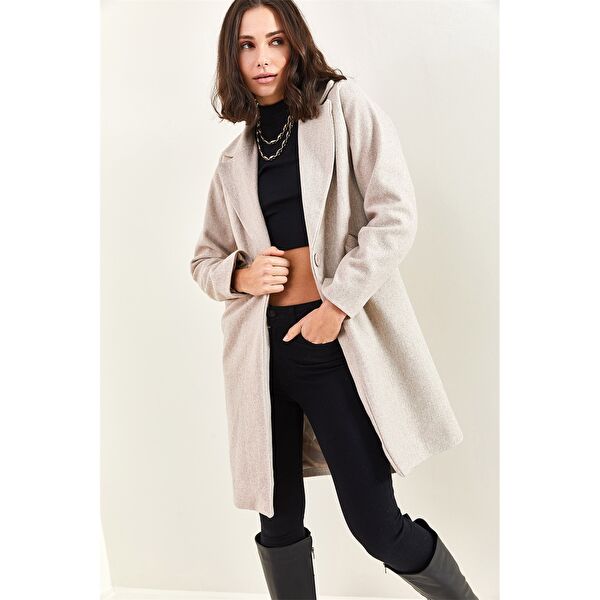 Ceket Yaka Düz Uzun Kollu Kadın Kaşe Kaban Ceket Yaka Düz Uzun Kollu Kadın Kaşe Kaban