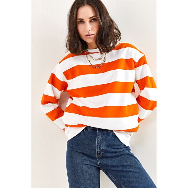 Bisiklet Yaka Çizgili Uzun Kollu Kadın Sweatshirt