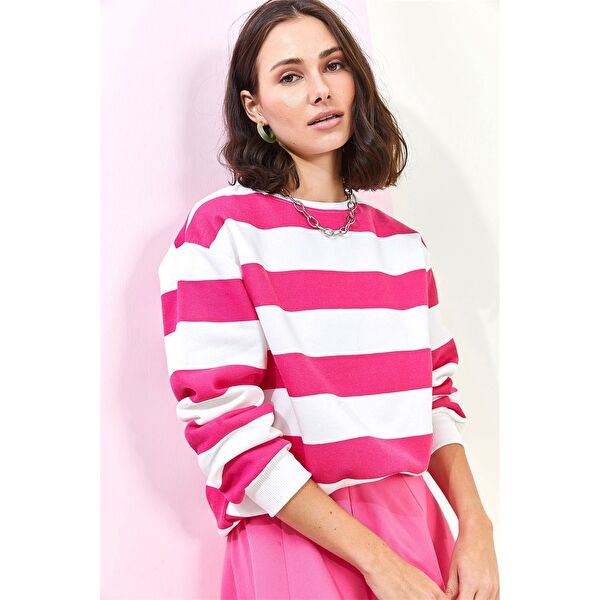 Bisiklet Yaka Çizgili Uzun Kollu Kadın Sweatshirt