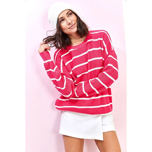 Bisiklet Yaka Çizgili Uzun Kollu Kadın Triko Kazak