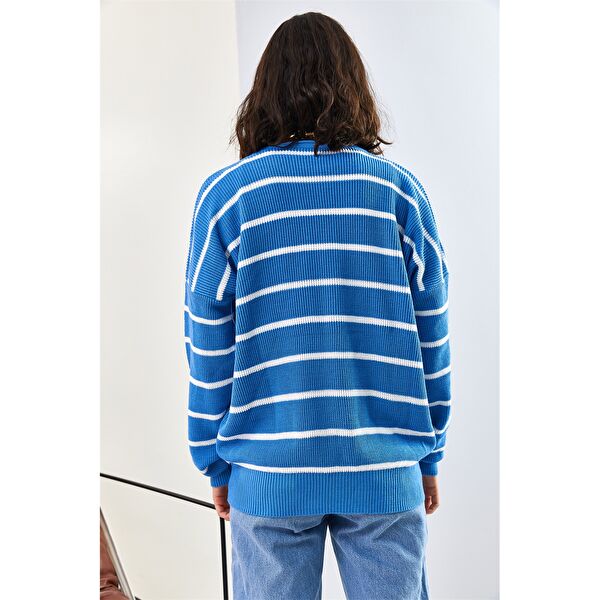 Bisiklet Yaka Çizgili Uzun kollu Oversize Kadın Kazak