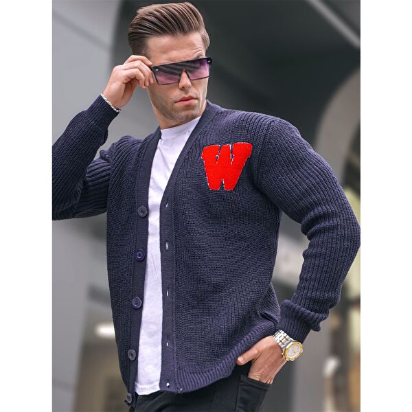 Slim Fit Şal Yaka Nakışlı Erkek Triko Hırka