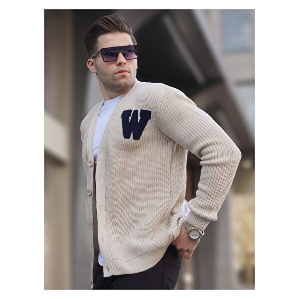 Slim Fit Şal Yaka Nakışlı Erkek Triko Hırka