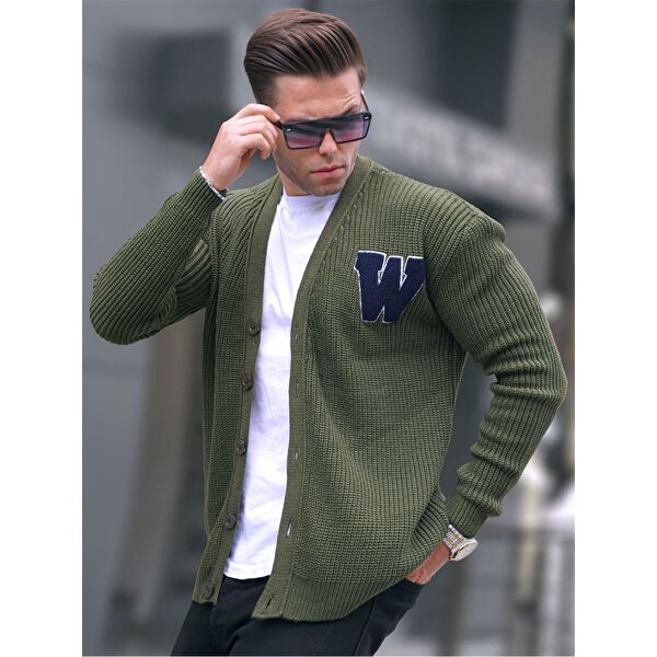 Slim Fit Şal Yaka Nakışlı Erkek Triko Hırka